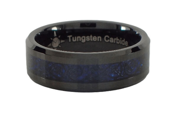 Beveled Edges Blue Grooved Center Tungsten Carbide Ring - My Shinies