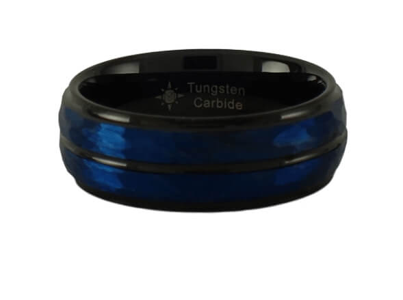 Black with Blue Dual Plated Hammered Tungsten Ring - My Shinies